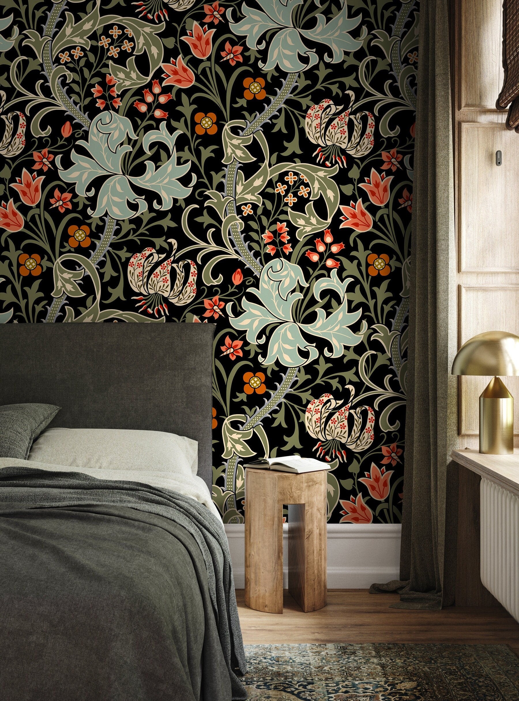 Vintage Floral Wallpaper with a Lily and Tulip Motif in Teal and Coral ...