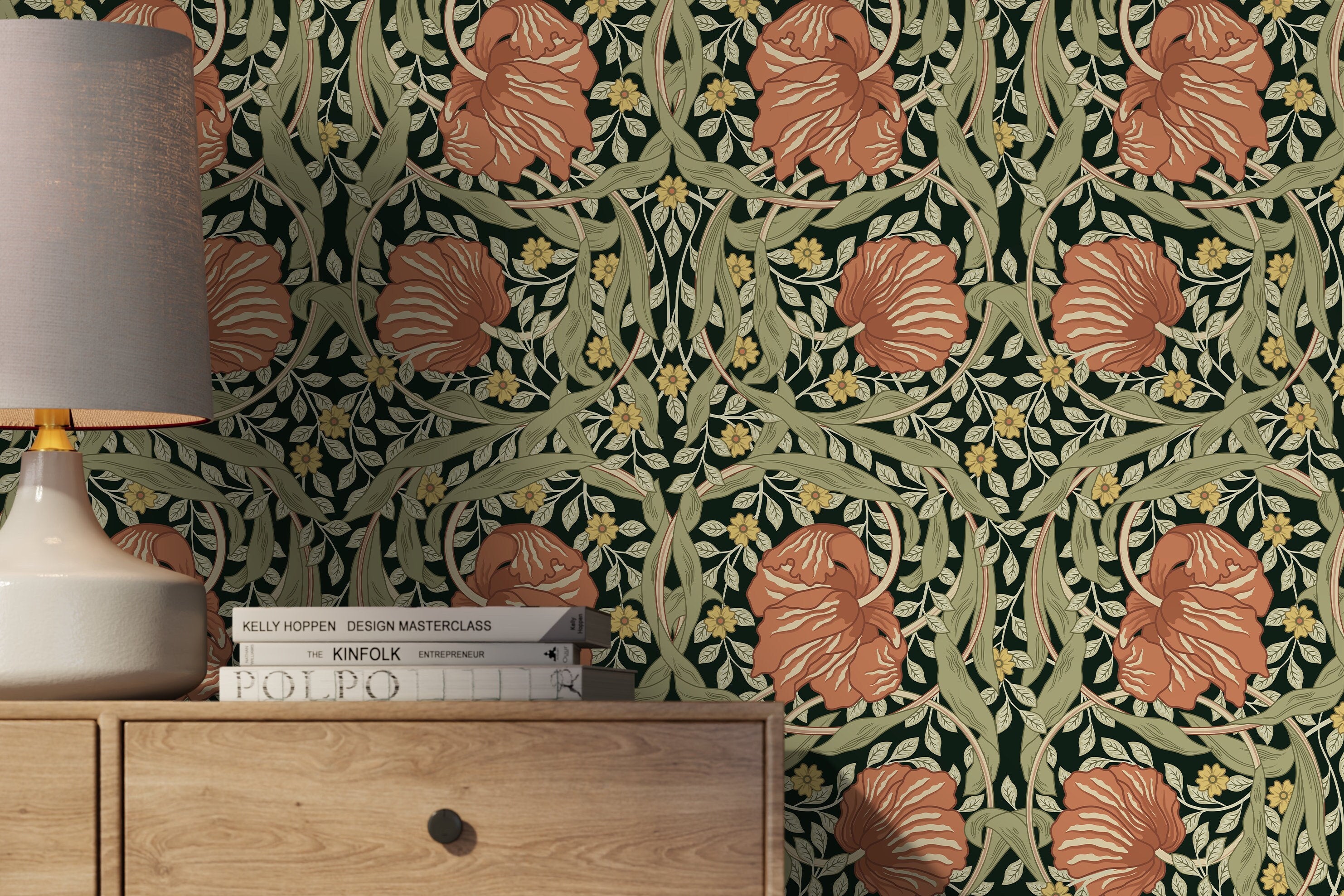 Floral Wallpaper with a Vintage Morris Style Motif in Green, Terracott ...