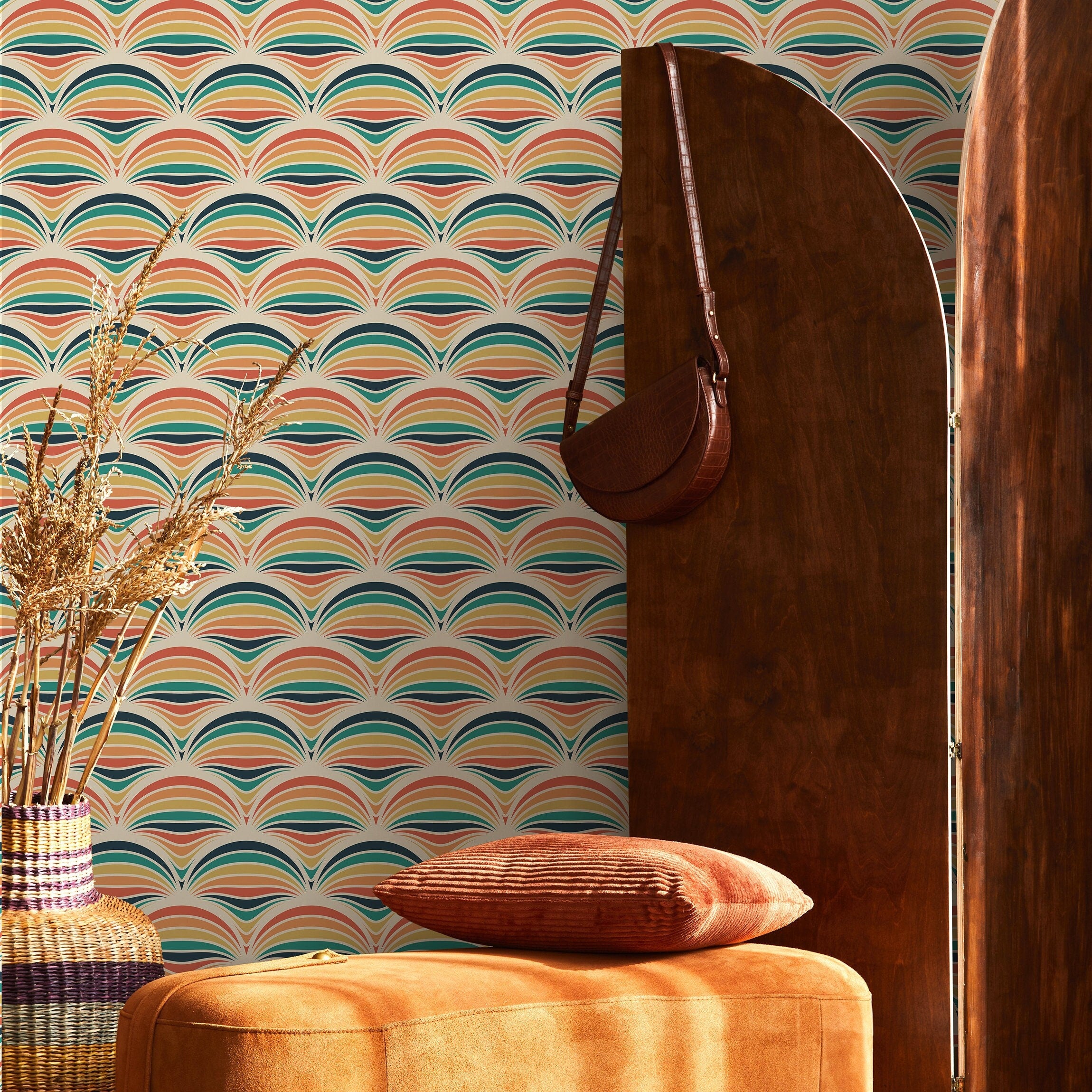 Retro Wallpaper with a Geometric Scallop Motif in Orange, Teal, and Ye ...
